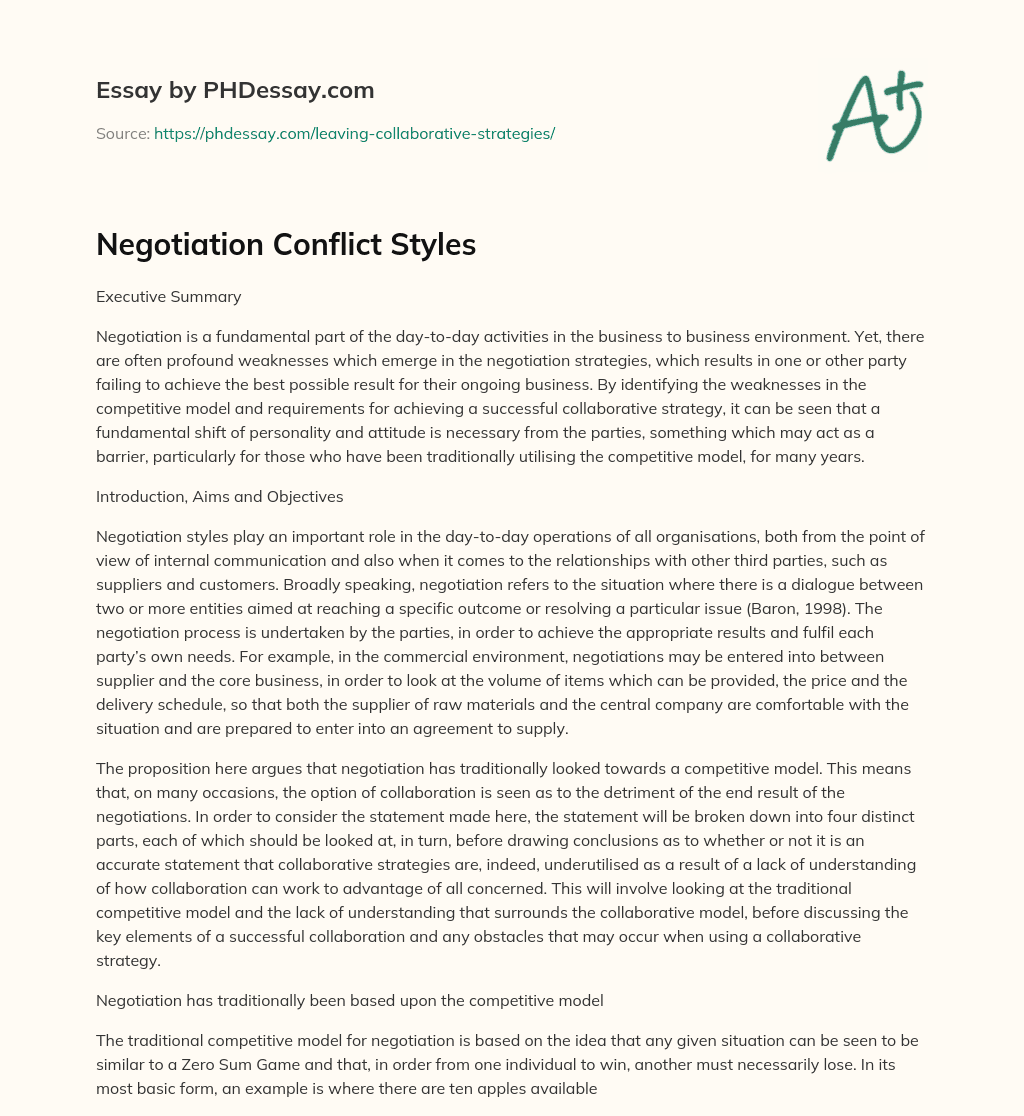 Negotiation Conflict Styles - PHDessay.com
