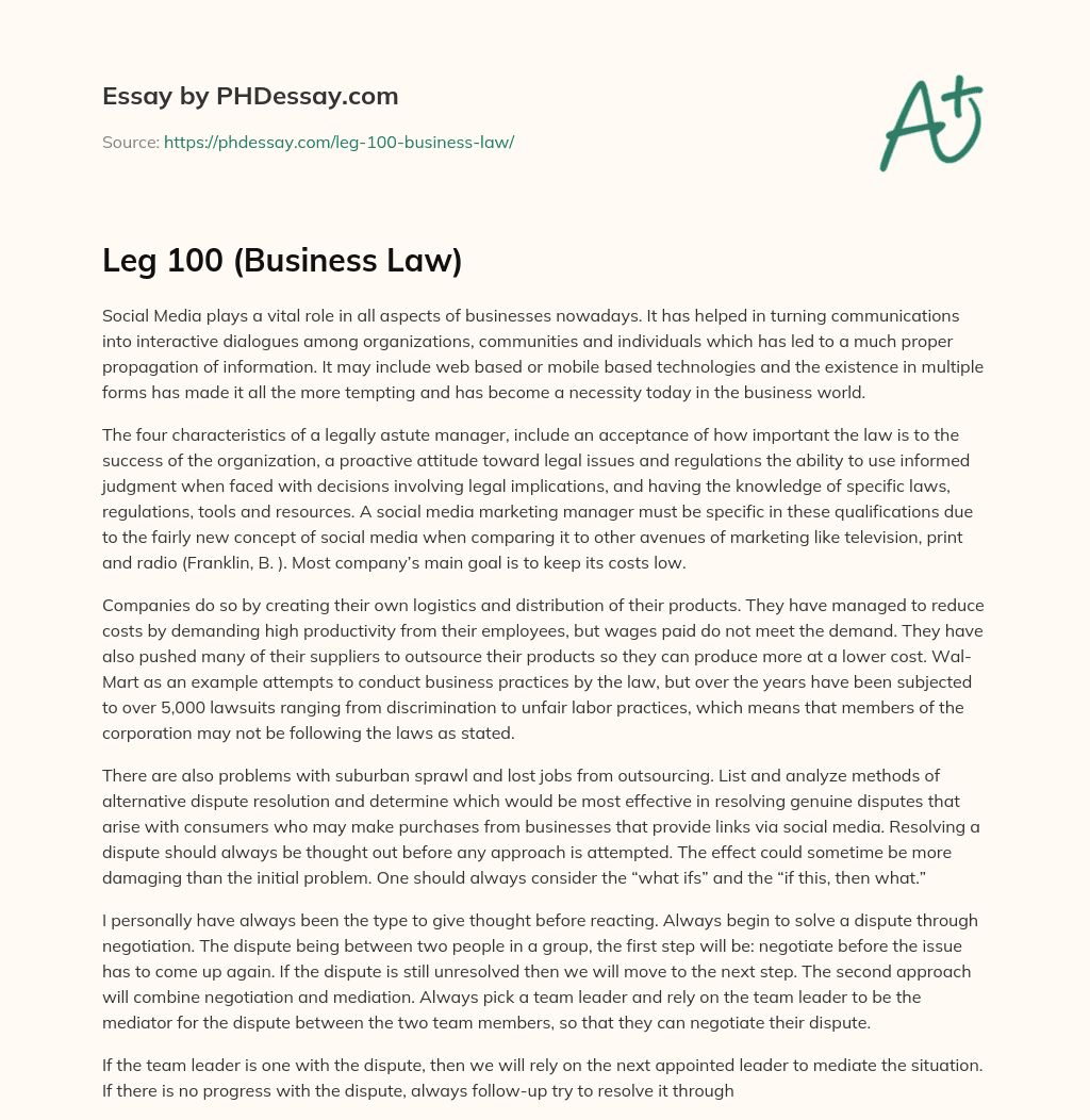Leg 100 (Business Law) - PHDessay.com