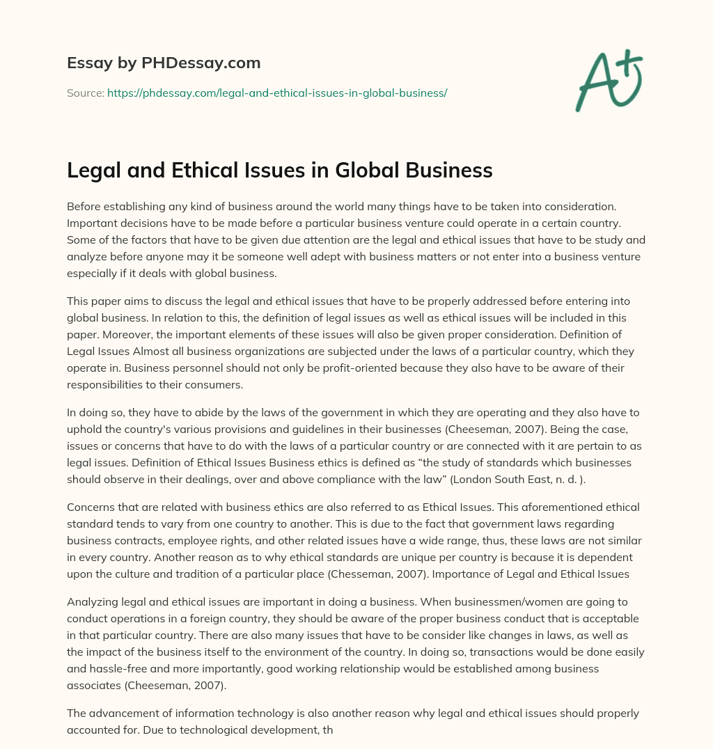 Legal and Ethical Issues in Global Business - PHDessay.com