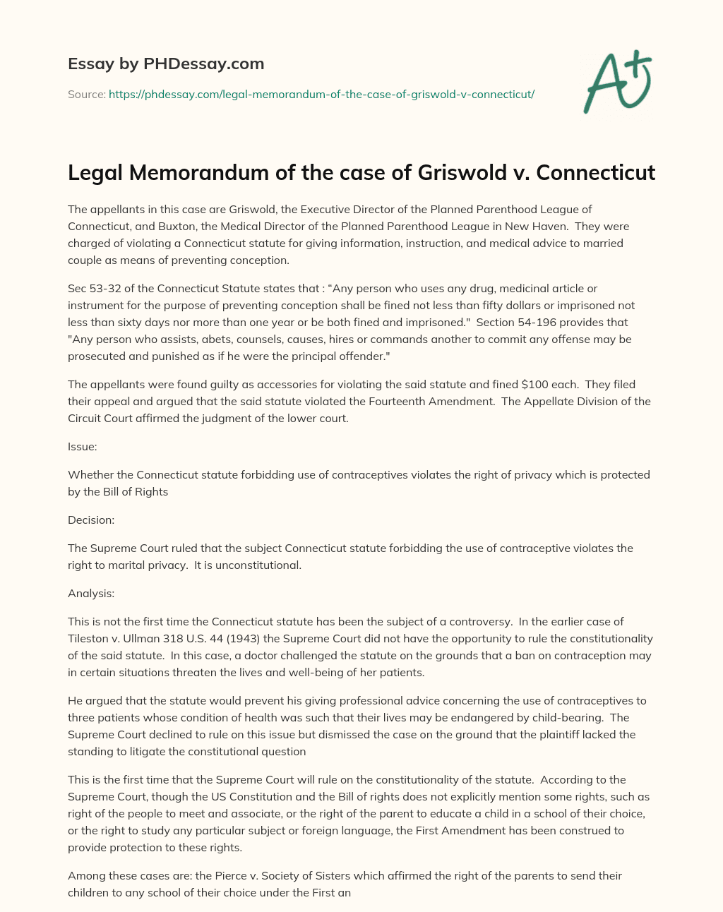 Legal Memorandum of the case of Griswold v. Connecticut - PHDessay.com