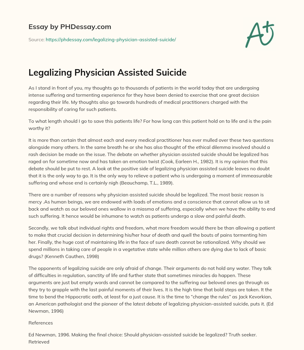 Legalizing Physician Assisted Suicide (500 Words) - PHDessay.com