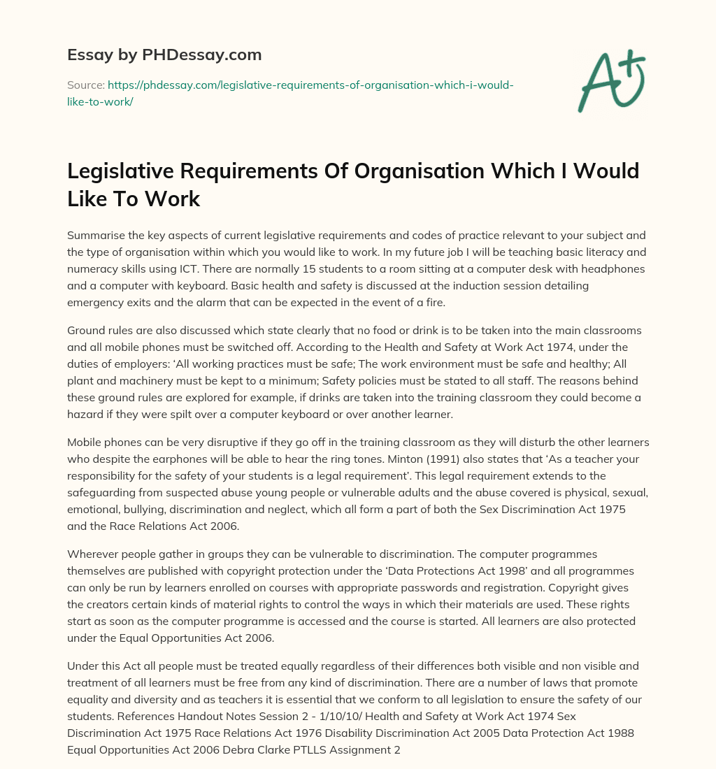 Legislative Requirements Of Organisation Which I Would Like To Work ...