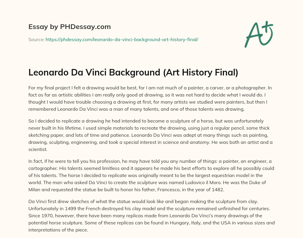 Leonardo Da Vinci Background (Art History Final) (300 Words) - PHDessay.com
