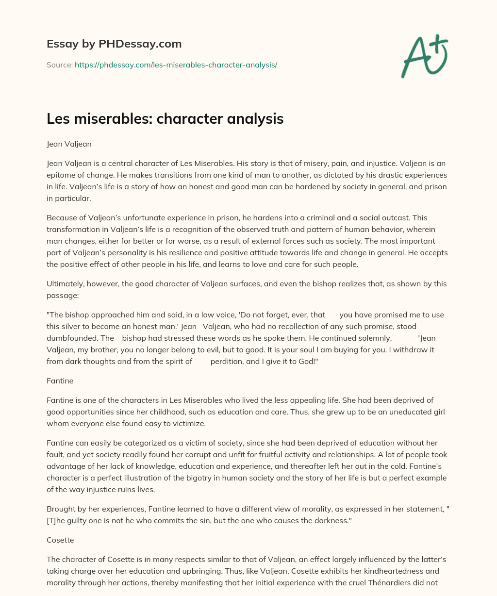 Les Miserables: Character Analysis Essay Example (600 Words) - PHDessay.com
