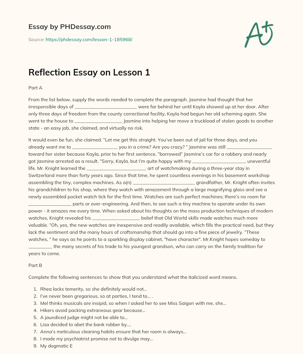 Reflection Essay on Lesson 1 (500 Words) - PHDessay.com