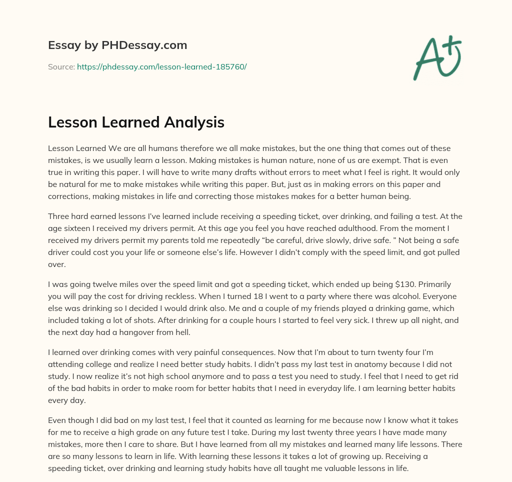 Lesson Learned Analysis (500 Words) - PHDessay.com