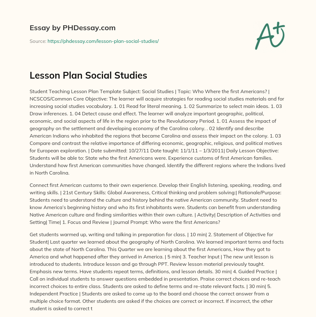 Lesson Plan Social Studies - PHDessay.com