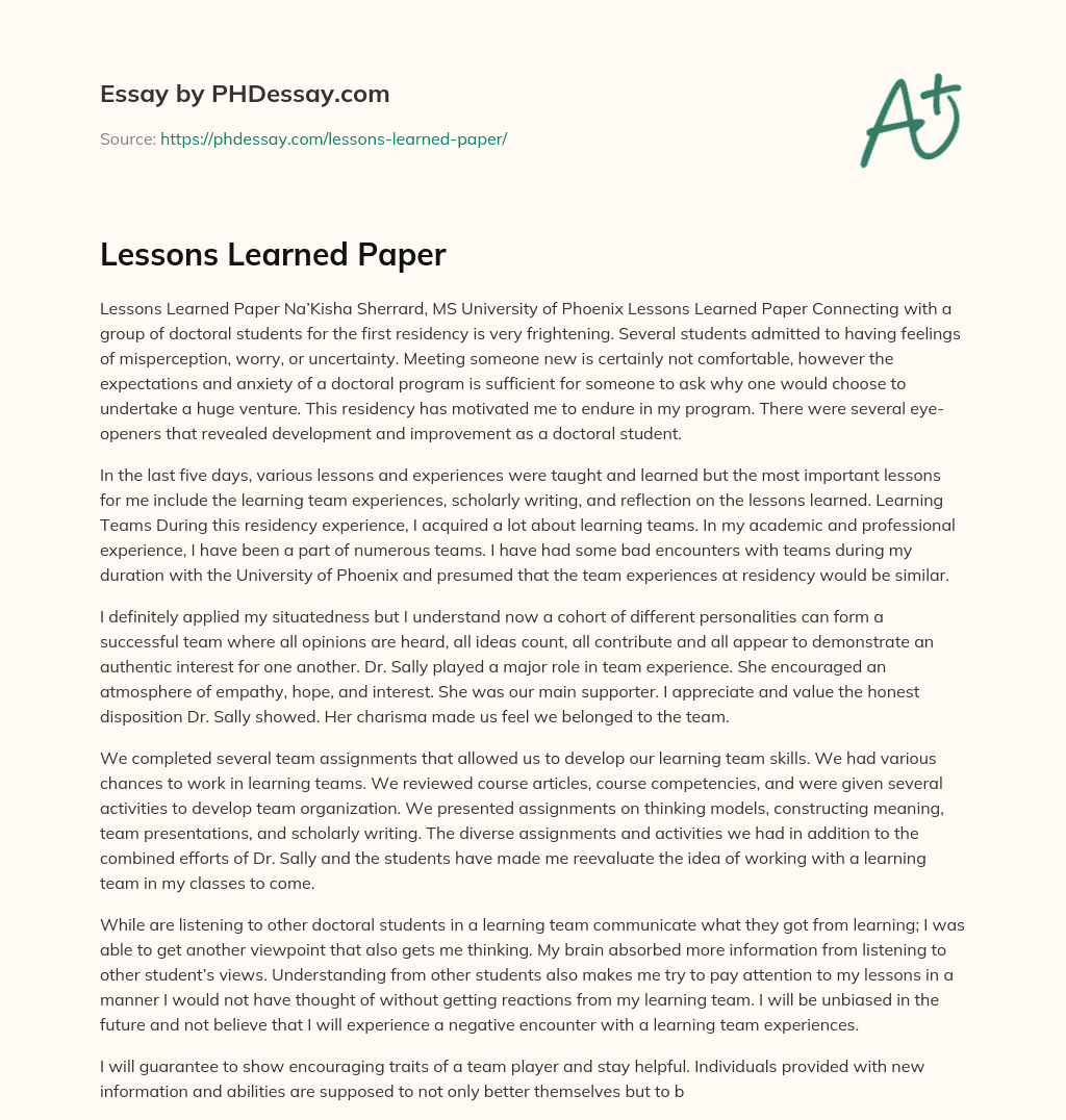 Lessons Learned Paper - PHDessay.com