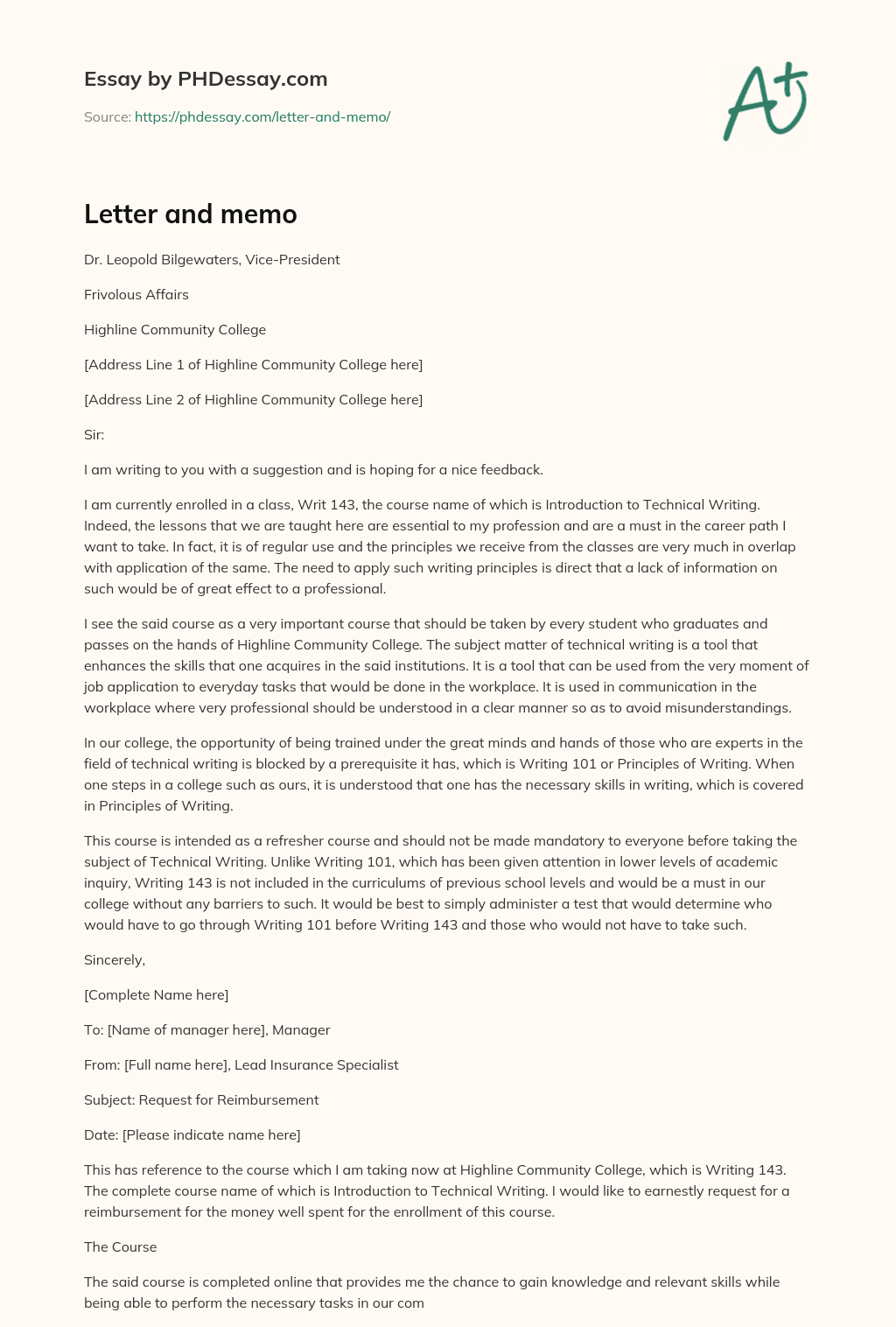 Letter and memo - PHDessay.com