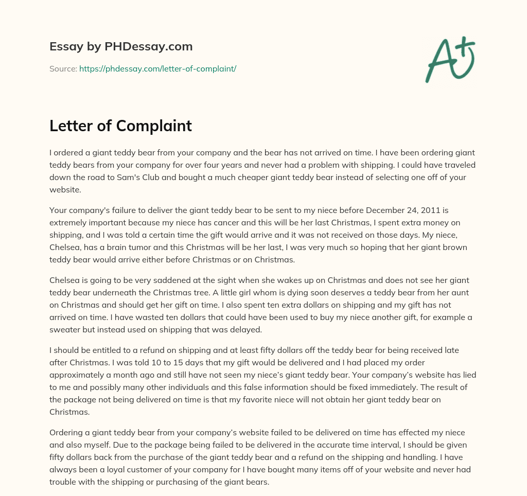 Letter of Complaint (400 Words) - PHDessay.com