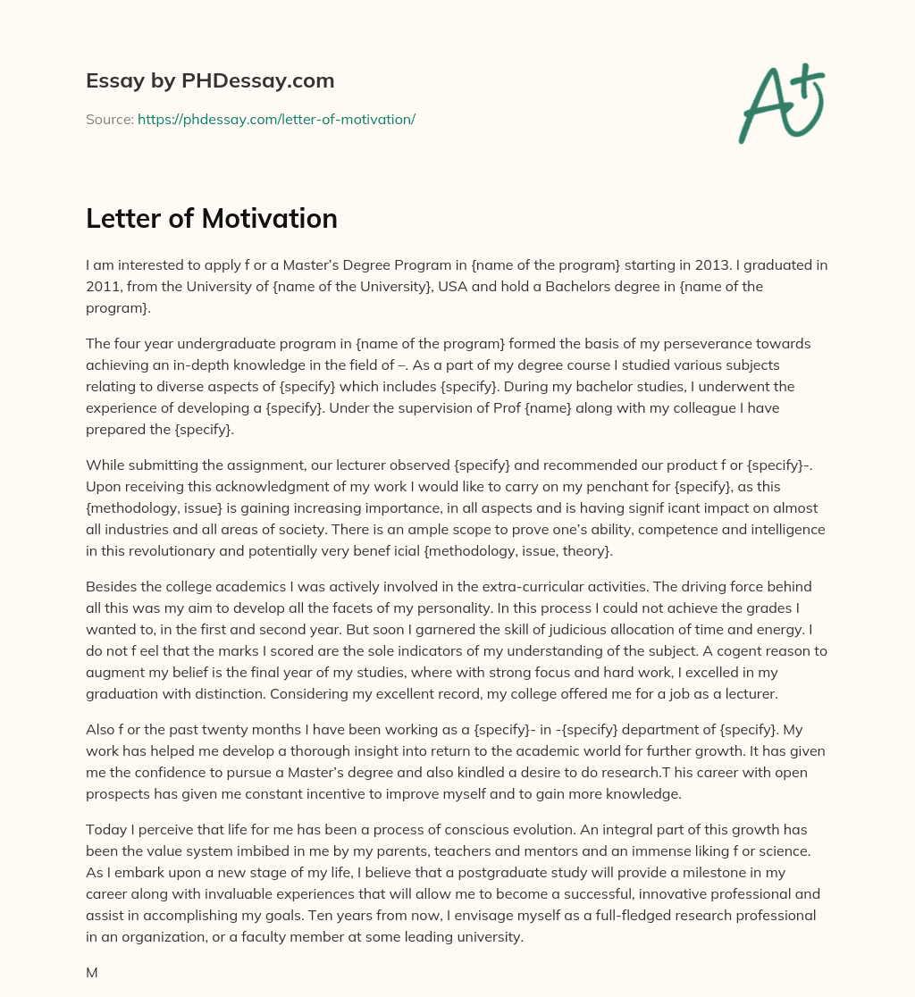 Letter of Motivation - PHDessay.com