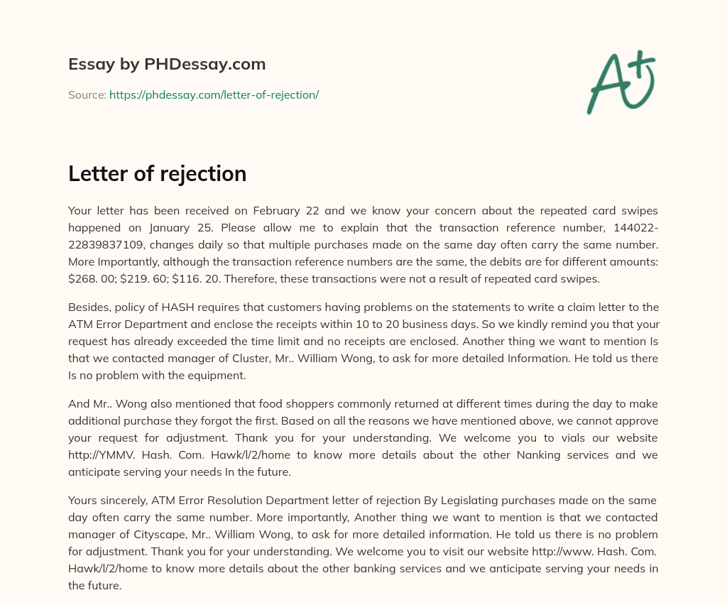 Letter of rejection (300 Words) - PHDessay.com