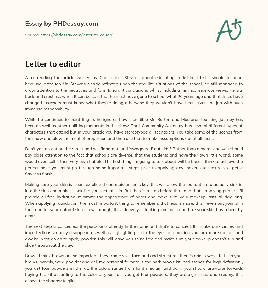 Letter to editor (500 Words) - PHDessay.com