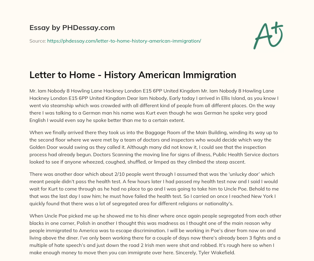 Letter to Home - History American Immigration (400 Words) - PHDessay.com