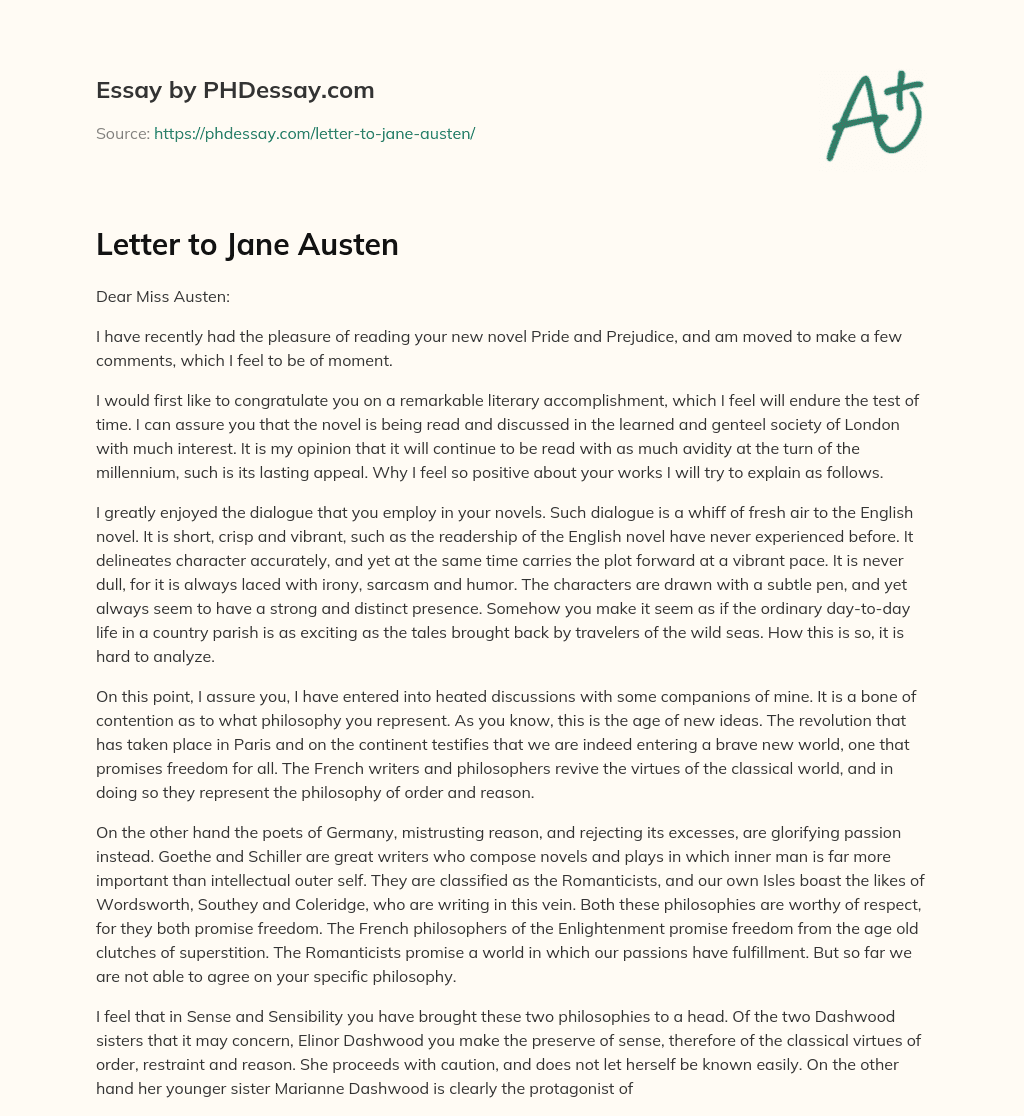 Letter to Jane Austen - PHDessay.com