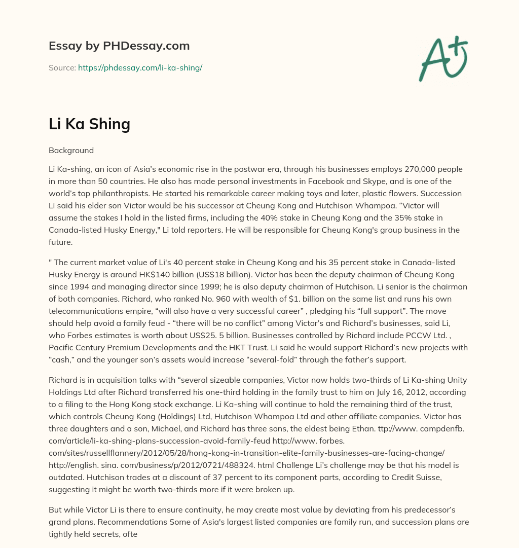 Li Ka Shing (600 Words) - PHDessay.com