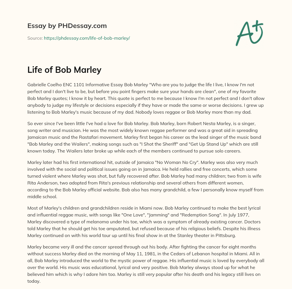 Life of Bob Marley (500 Words) - PHDessay.com