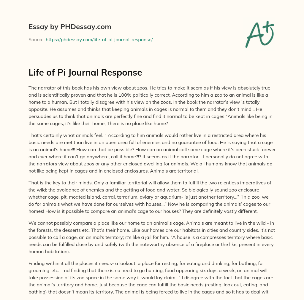 Life of Pi Journal Response - PHDessay.com