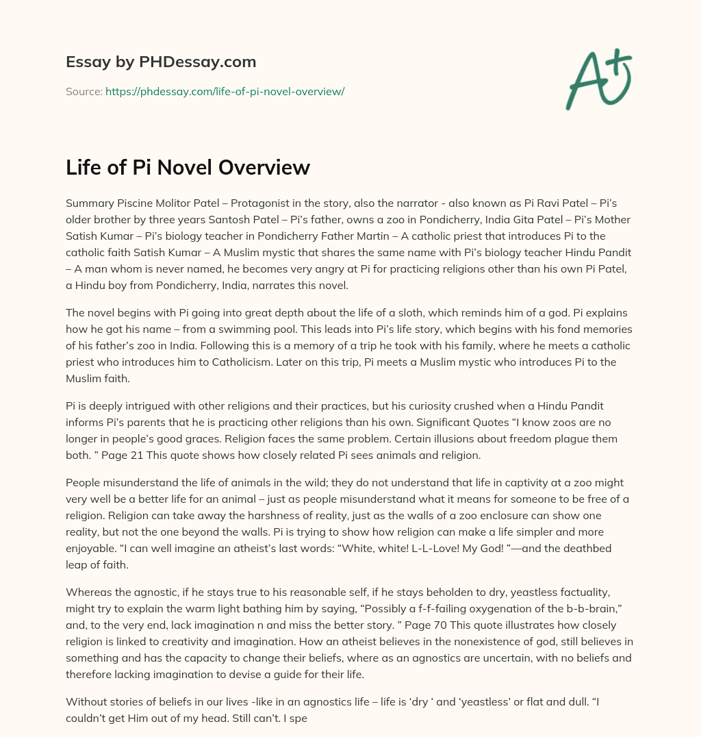 Life of Pi Novel Overview - PHDessay.com