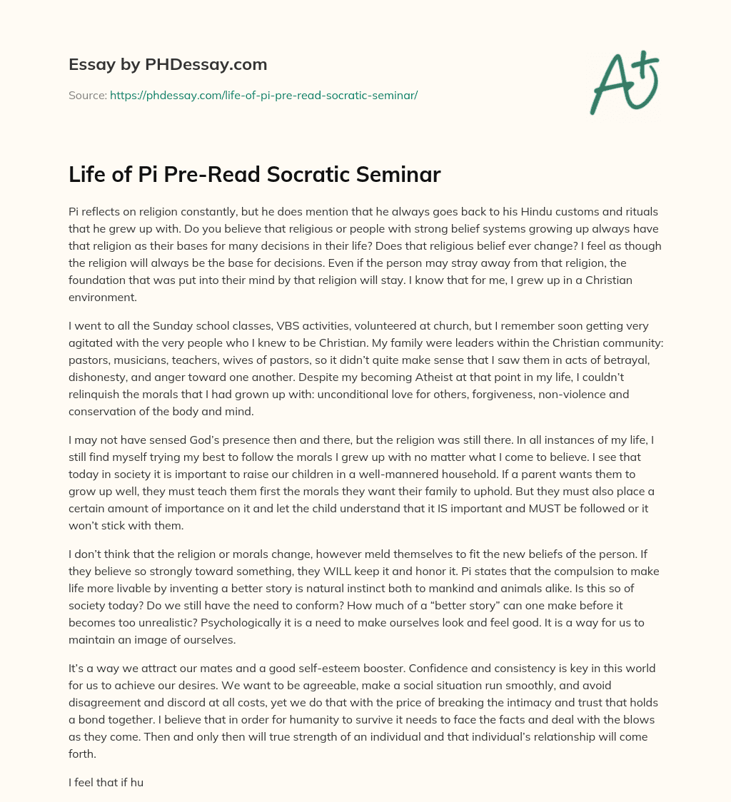 Life of Pi Pre-Read Socratic Seminar - PHDessay.com