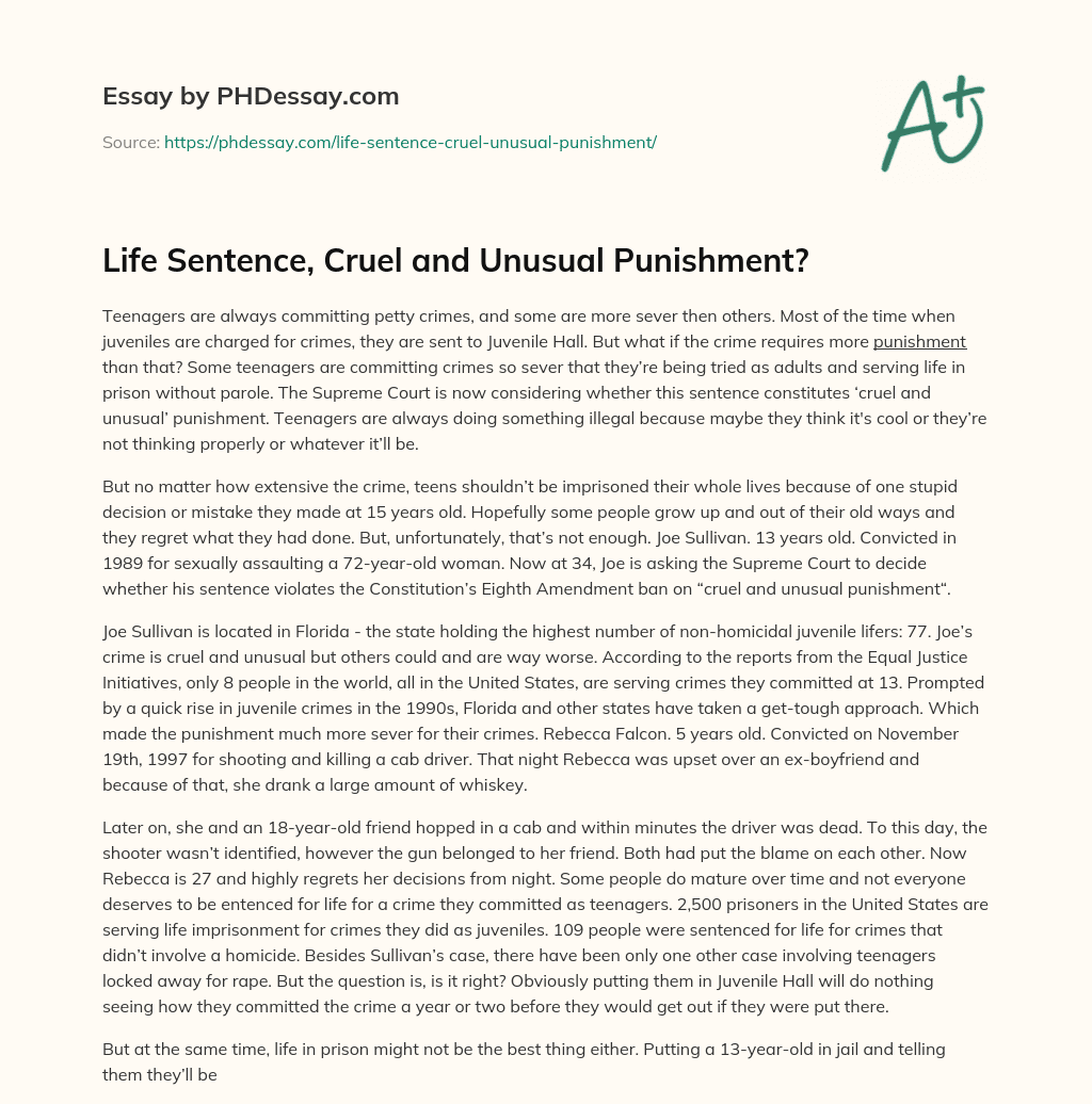 Life Sentence, Cruel and Unusual Punishment? (600 Words) - PHDessay.com