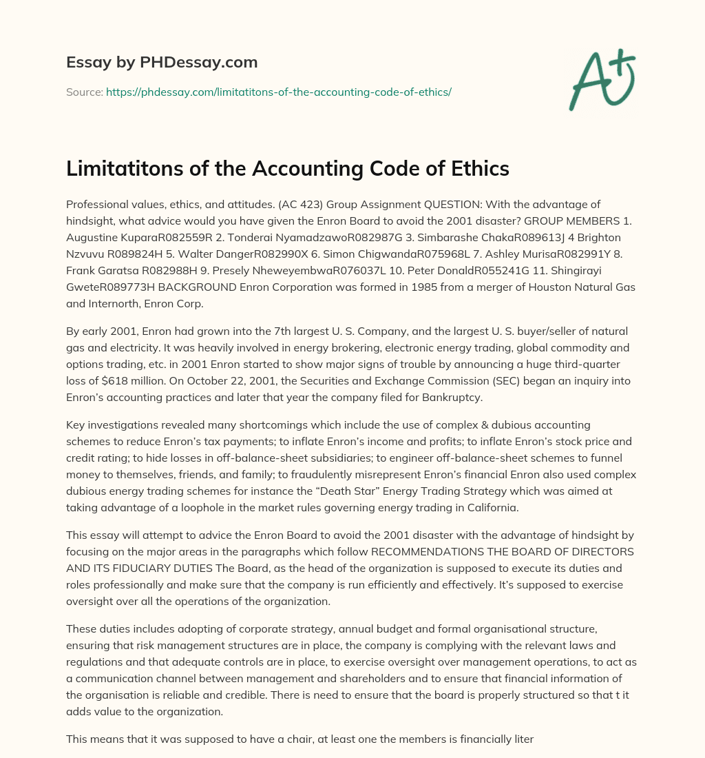 Limitatitons of the Accounting Code of Ethics - PHDessay.com