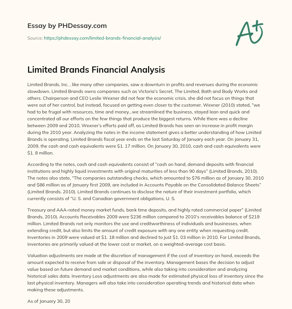 Limited Brands Financial Analysis (500 Words) - PHDessay.com