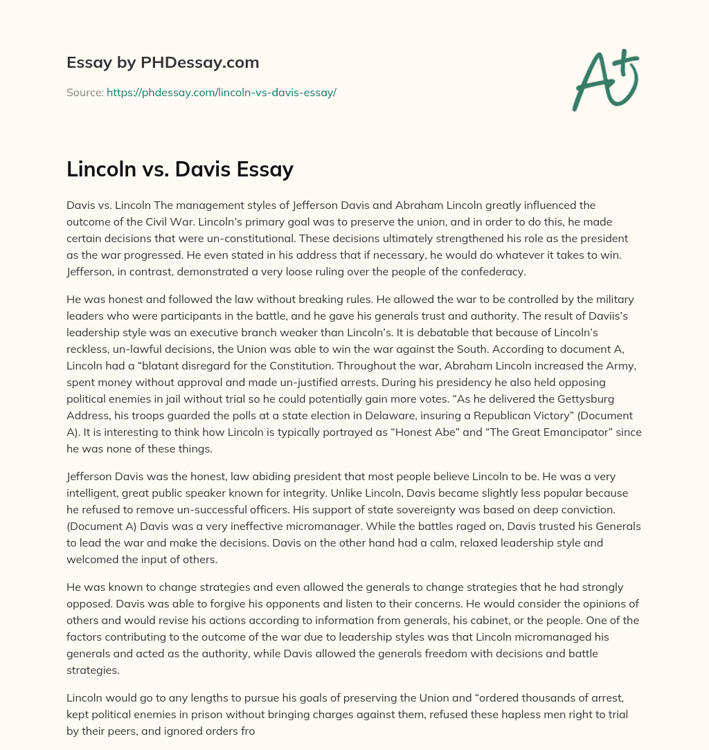 Lincoln vs. Davis Essay (600 Words) - PHDessay.com