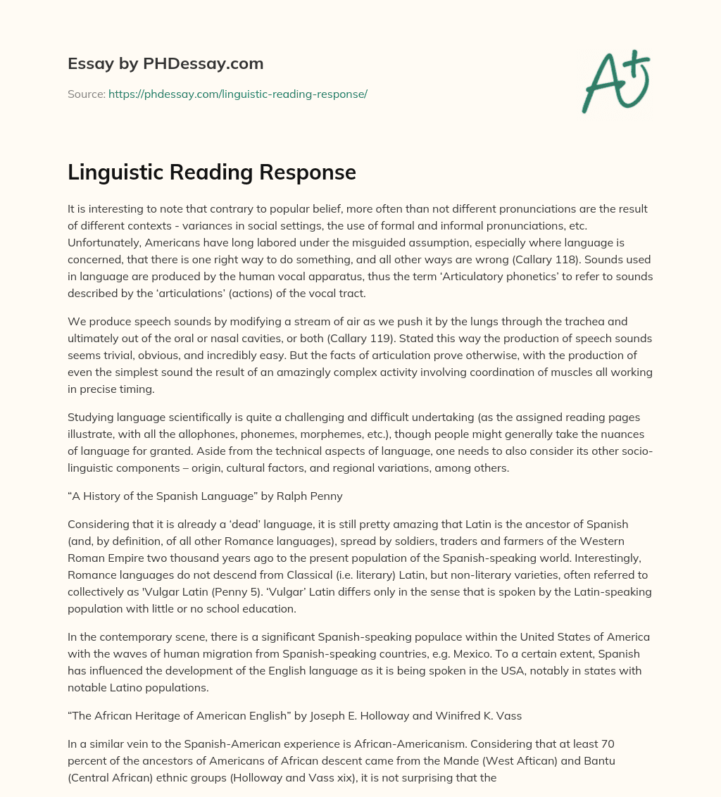 Linguistic Reading Response - PHDessay.com