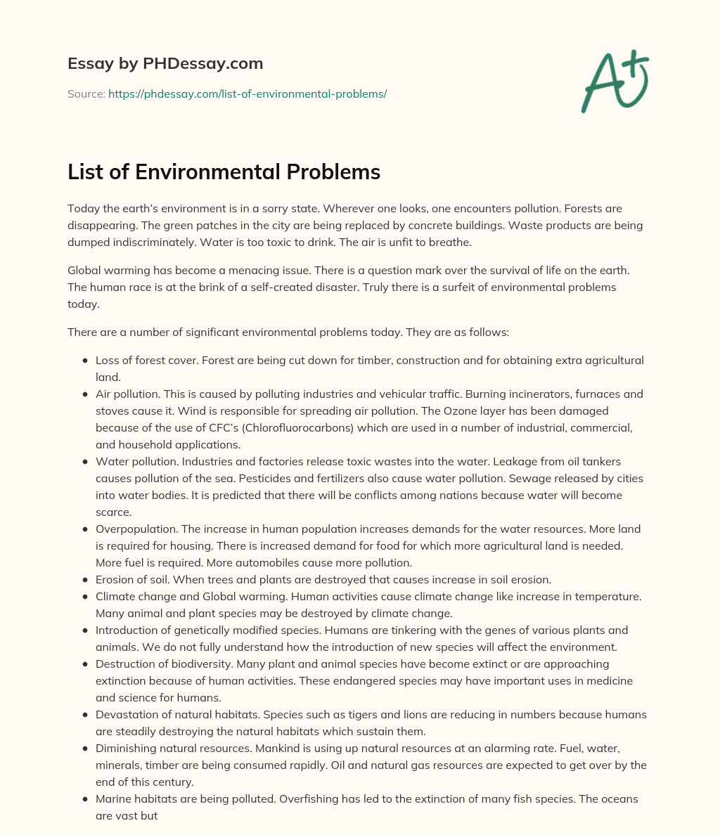 List of Environmental Problems (400 Words) - PHDessay.com