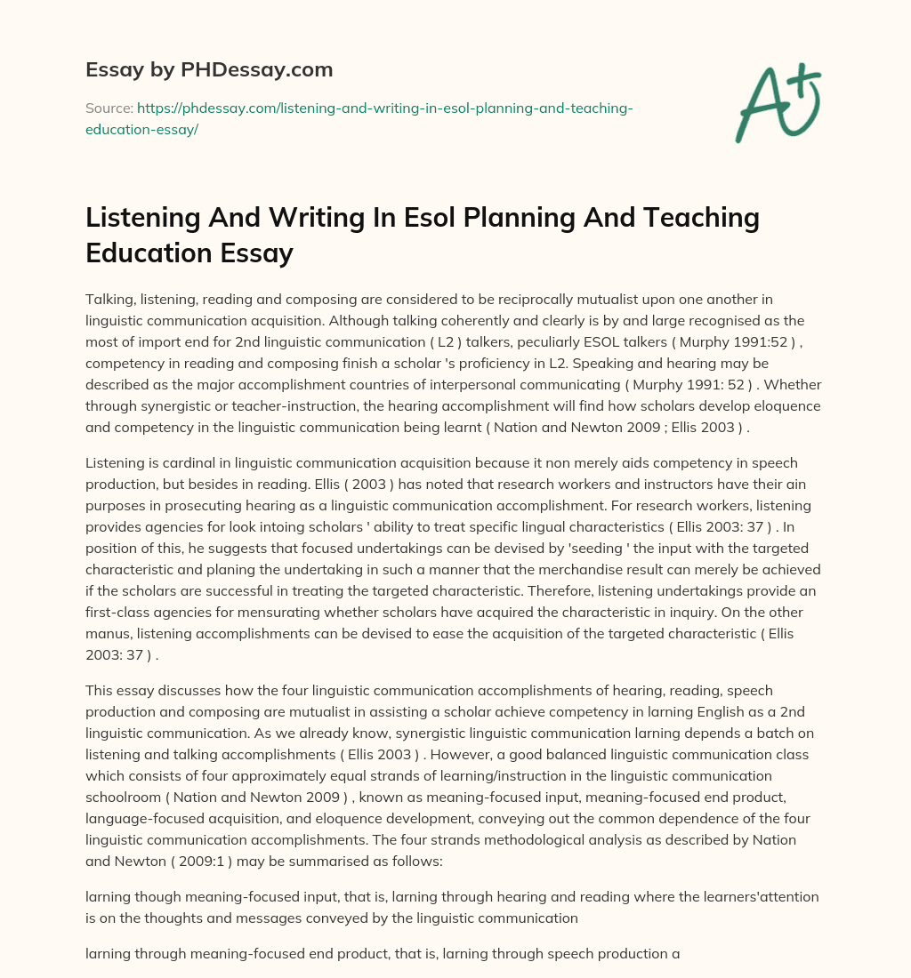 Listening And Writing In Esol Planning And Teaching Education Essay ...
