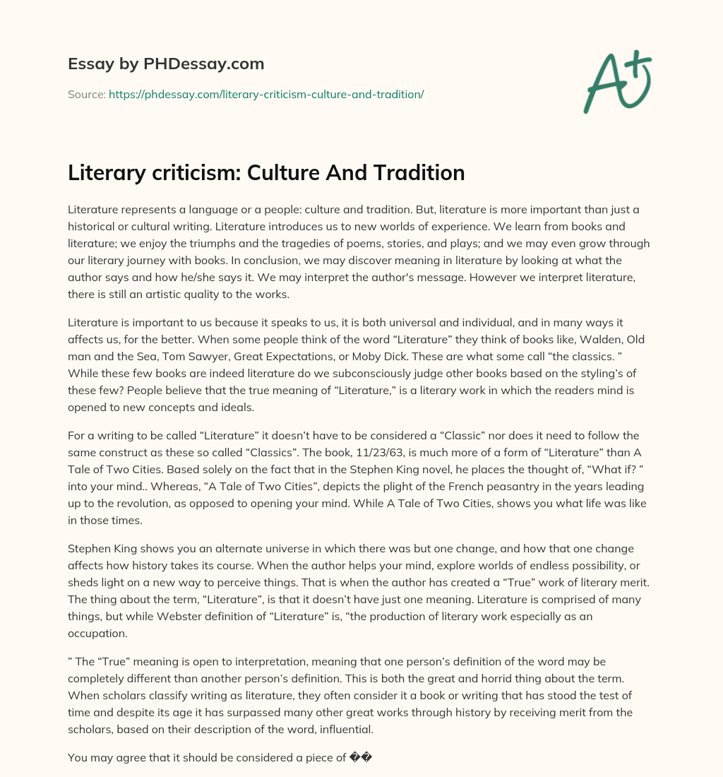 Literary criticism: Culture And Tradition - PHDessay.com
