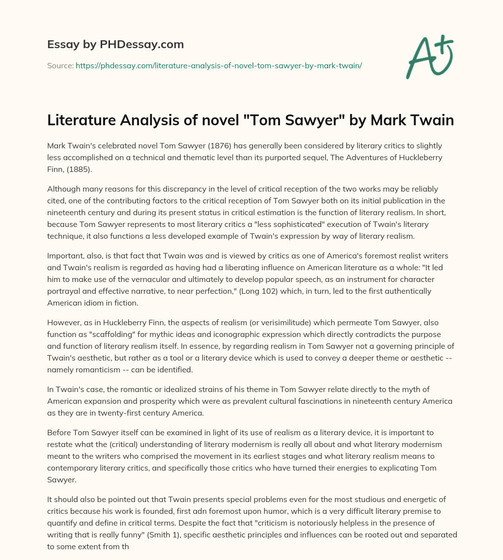Literature Analysis of novel "Tom Sawyer" by Mark Twain - PHDessay.com
