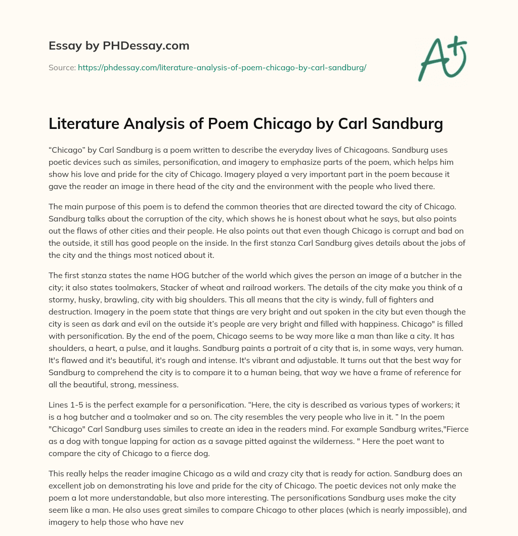 Literature Analysis Of Poem Chicago By Carl Sandburg Essay Example (600 ...