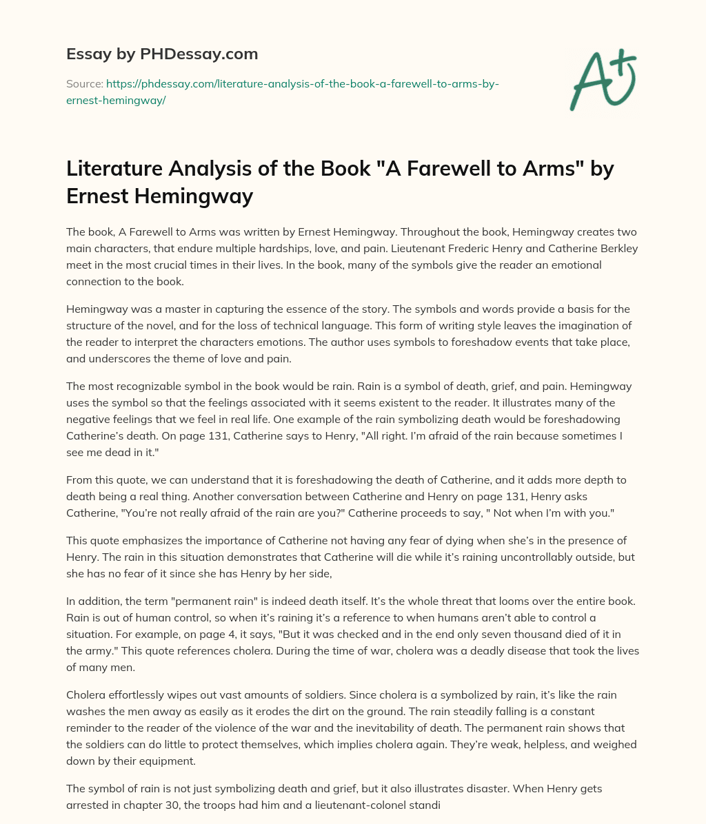 Literature Analysis of the Book "A Farewell to Arms" by Ernest ...