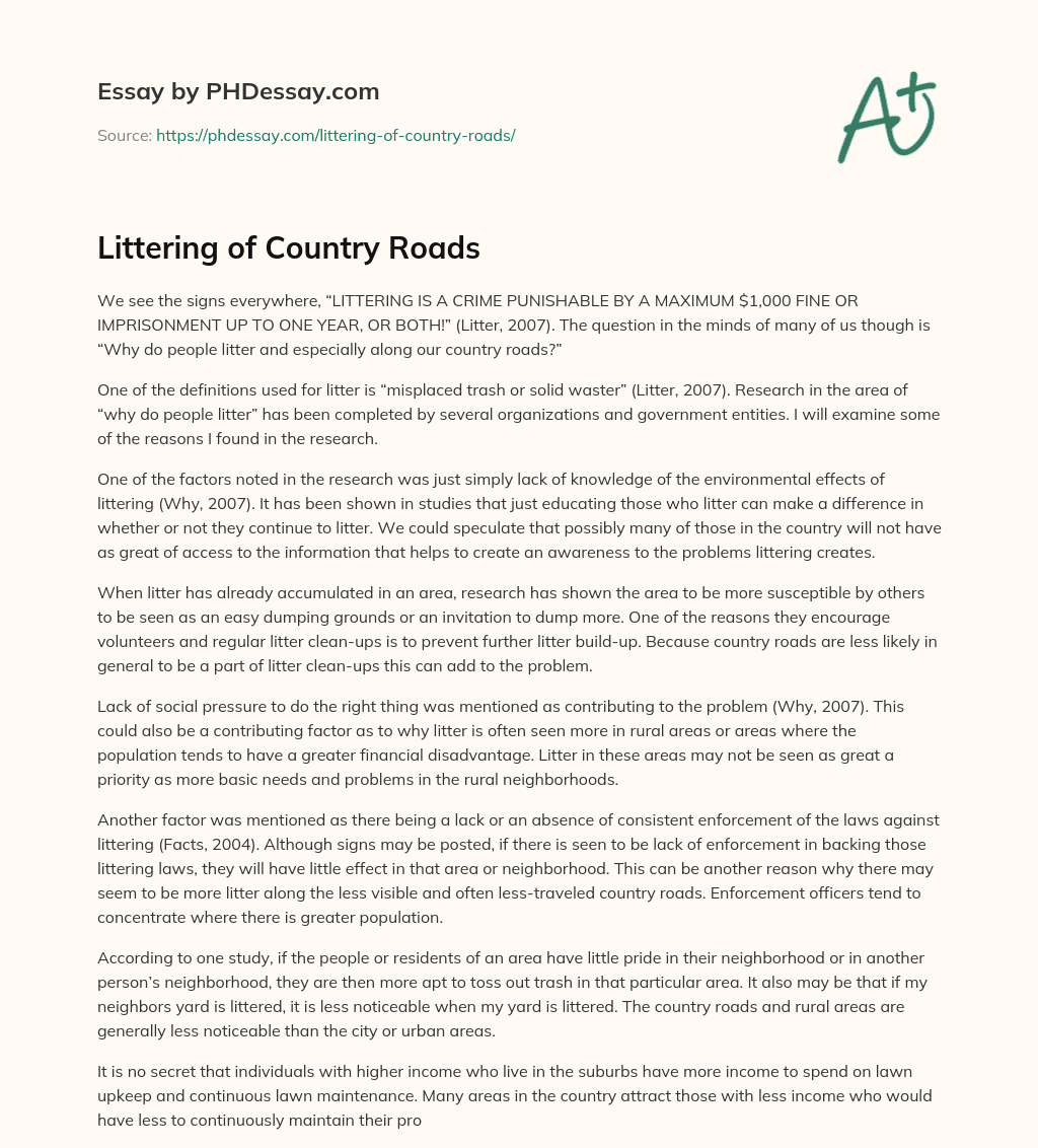 Littering of Country Roads - PHDessay.com