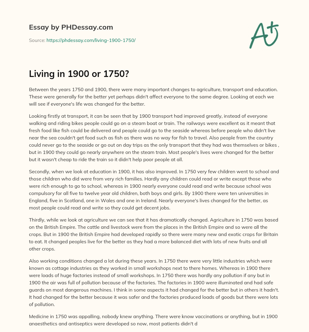 Living in 1900 or 1750? (600 Words) - PHDessay.com