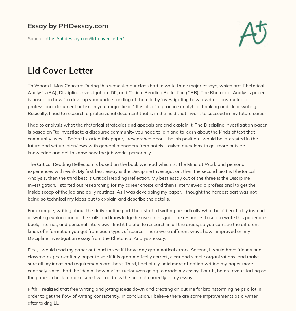 Lld Cover Letter (600 Words) - PHDessay.com