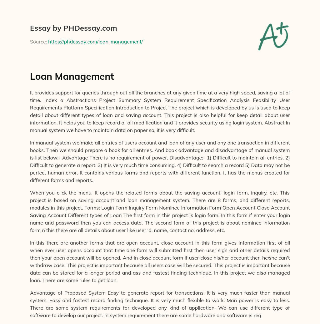 Loan Management - PHDessay.com