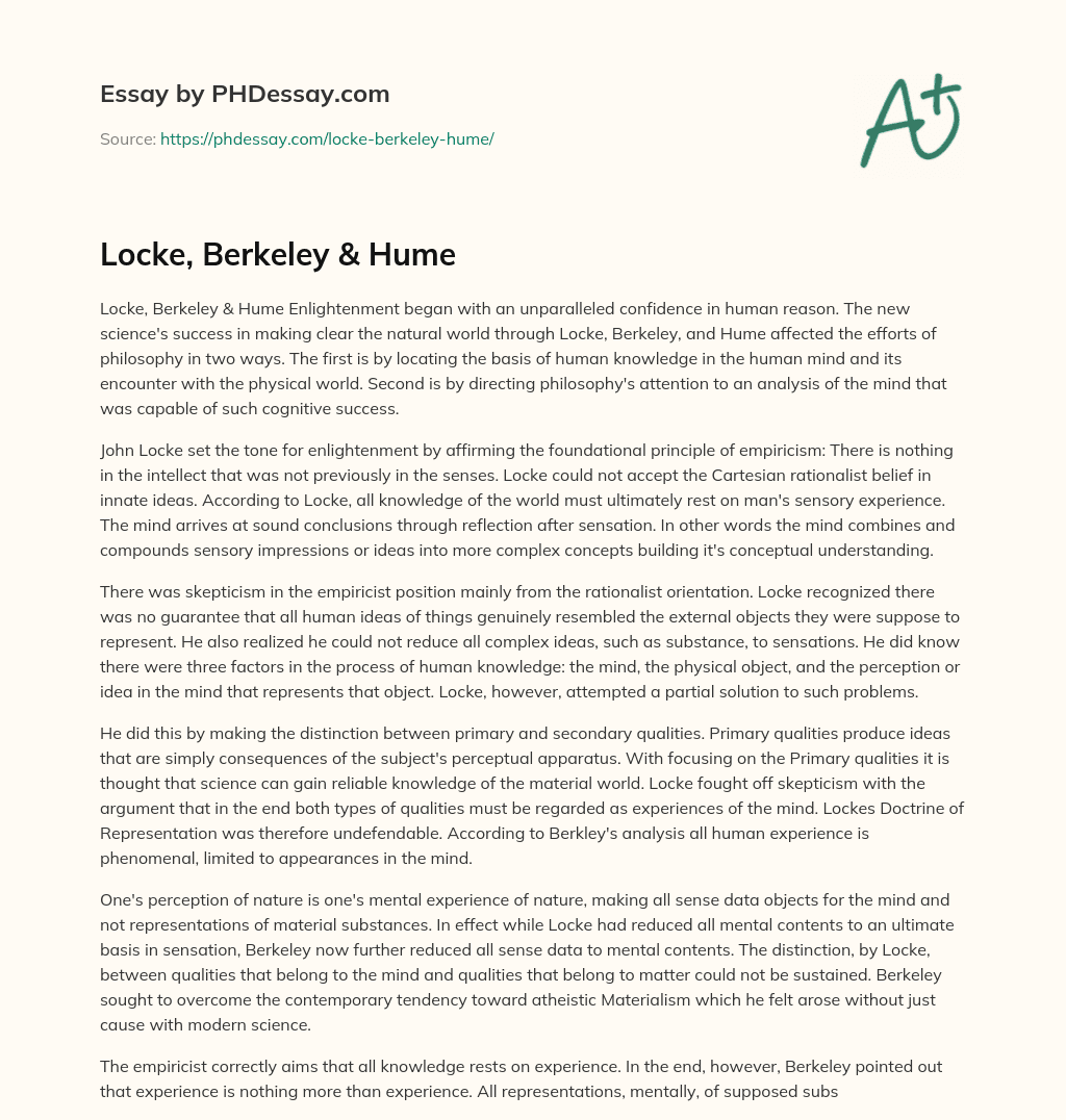 Locke, Berkeley & Hume - PHDessay.com