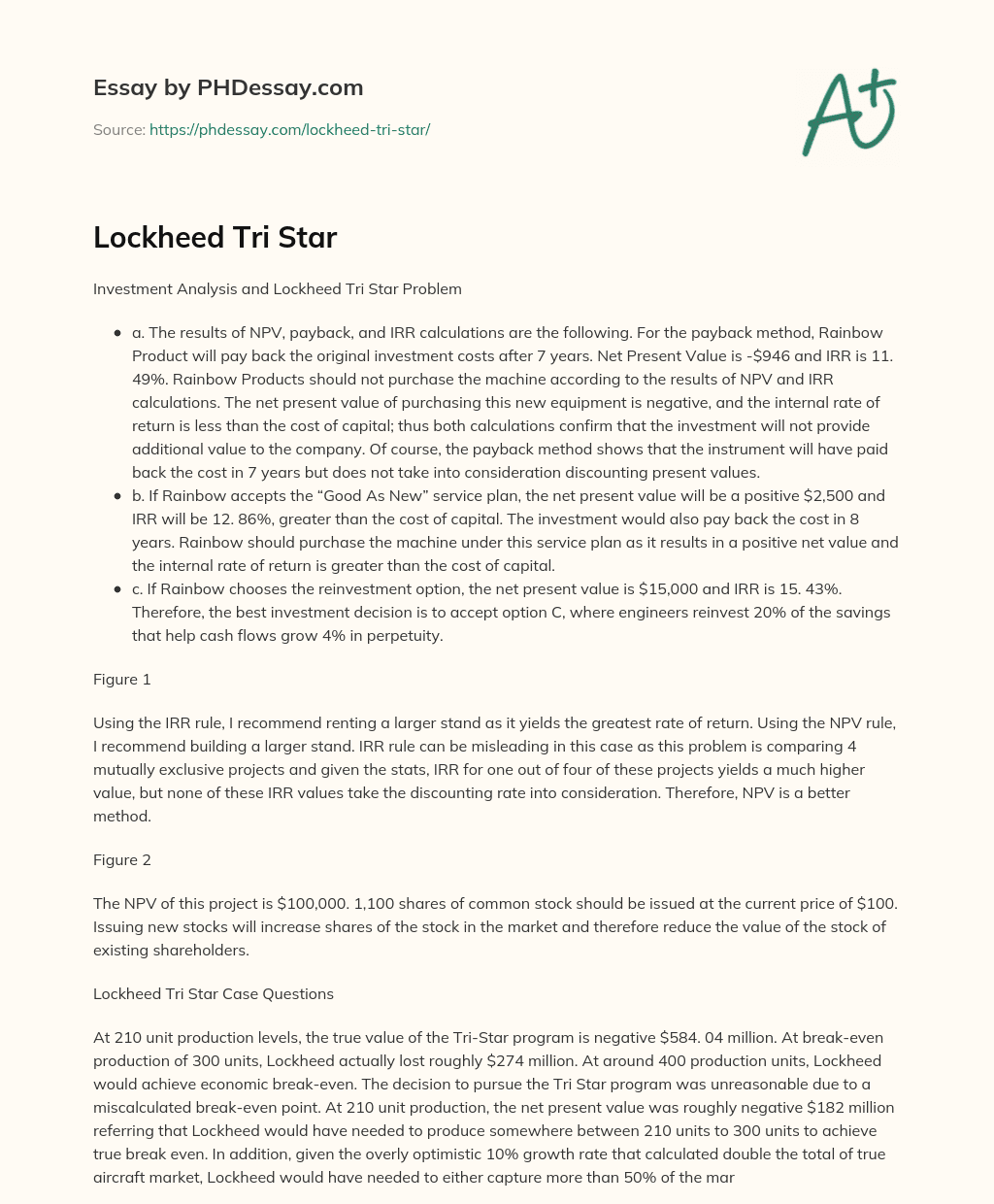 Lockheed Tri Star (600 Words) - PHDessay.com
