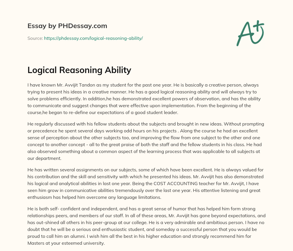Logical Reasoning Ability (400 Words) - PHDessay.com