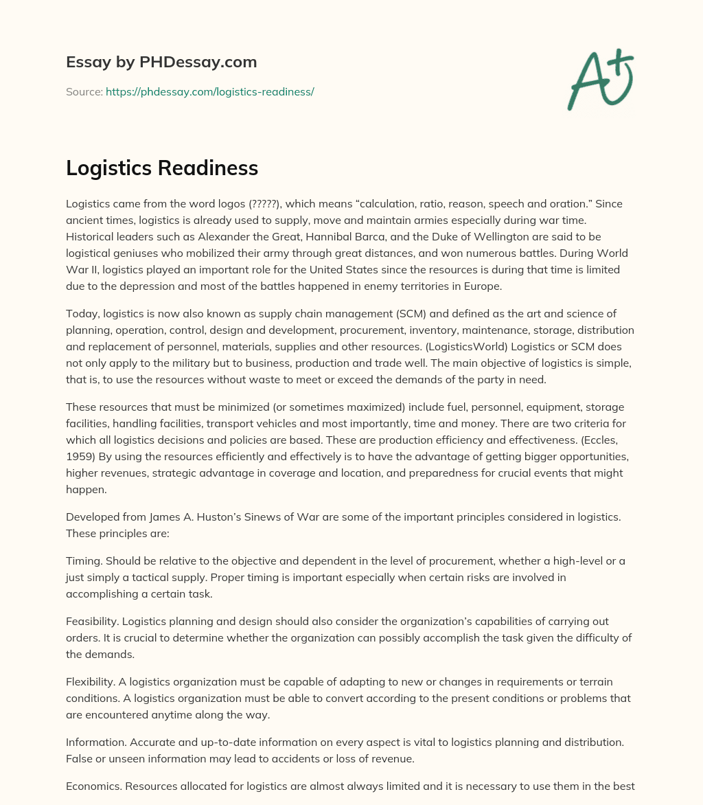 Logistics Readiness - PHDessay.com