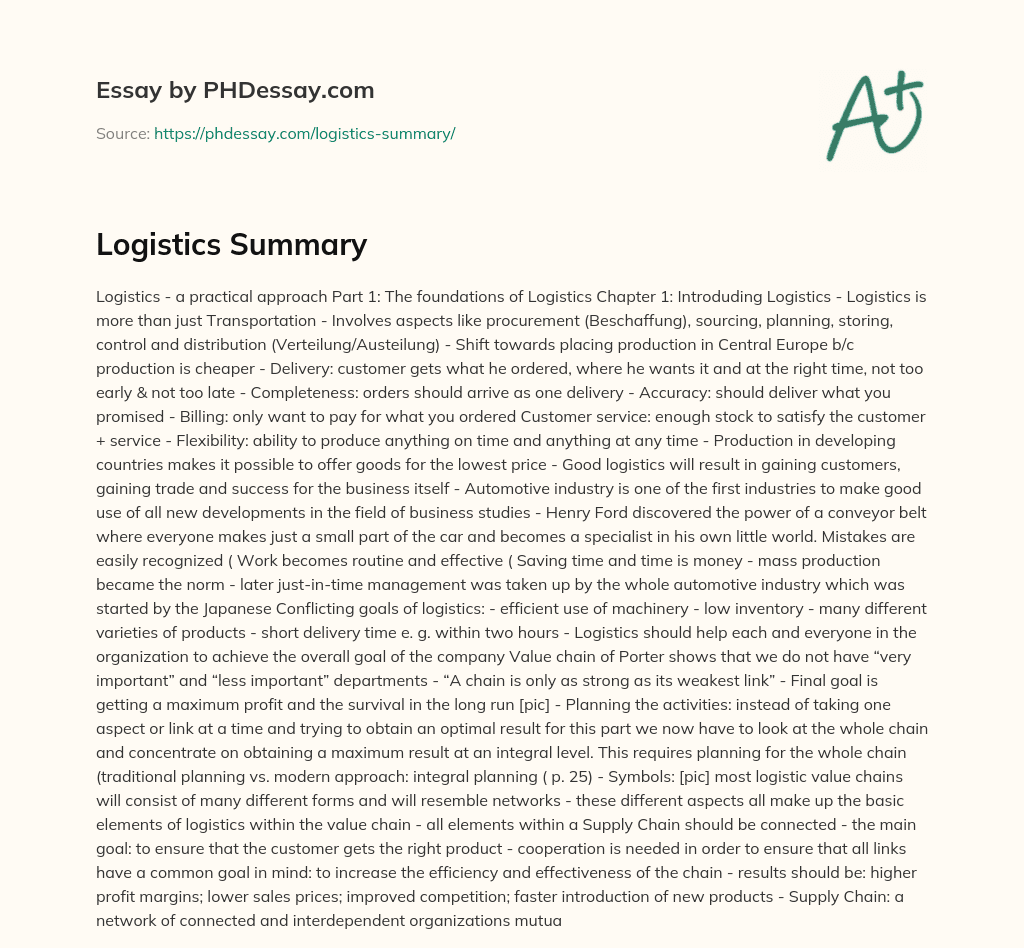 Logistics Summary - PHDessay.com
