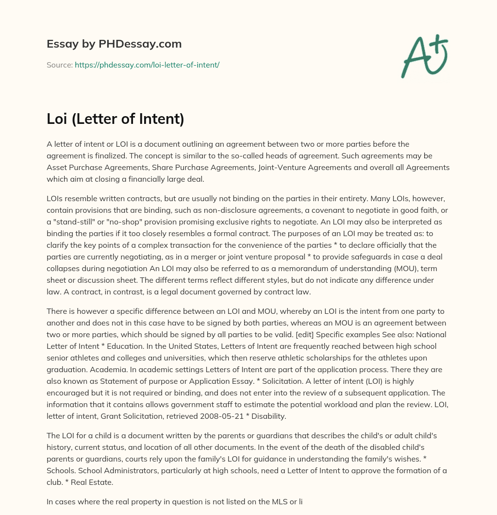 Loi (Letter of Intent) (600 Words) - PHDessay.com