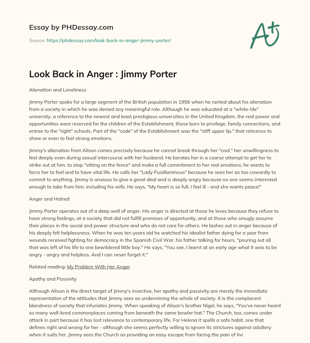 Look Back in Anger : Jimmy Porter - PHDessay.com
