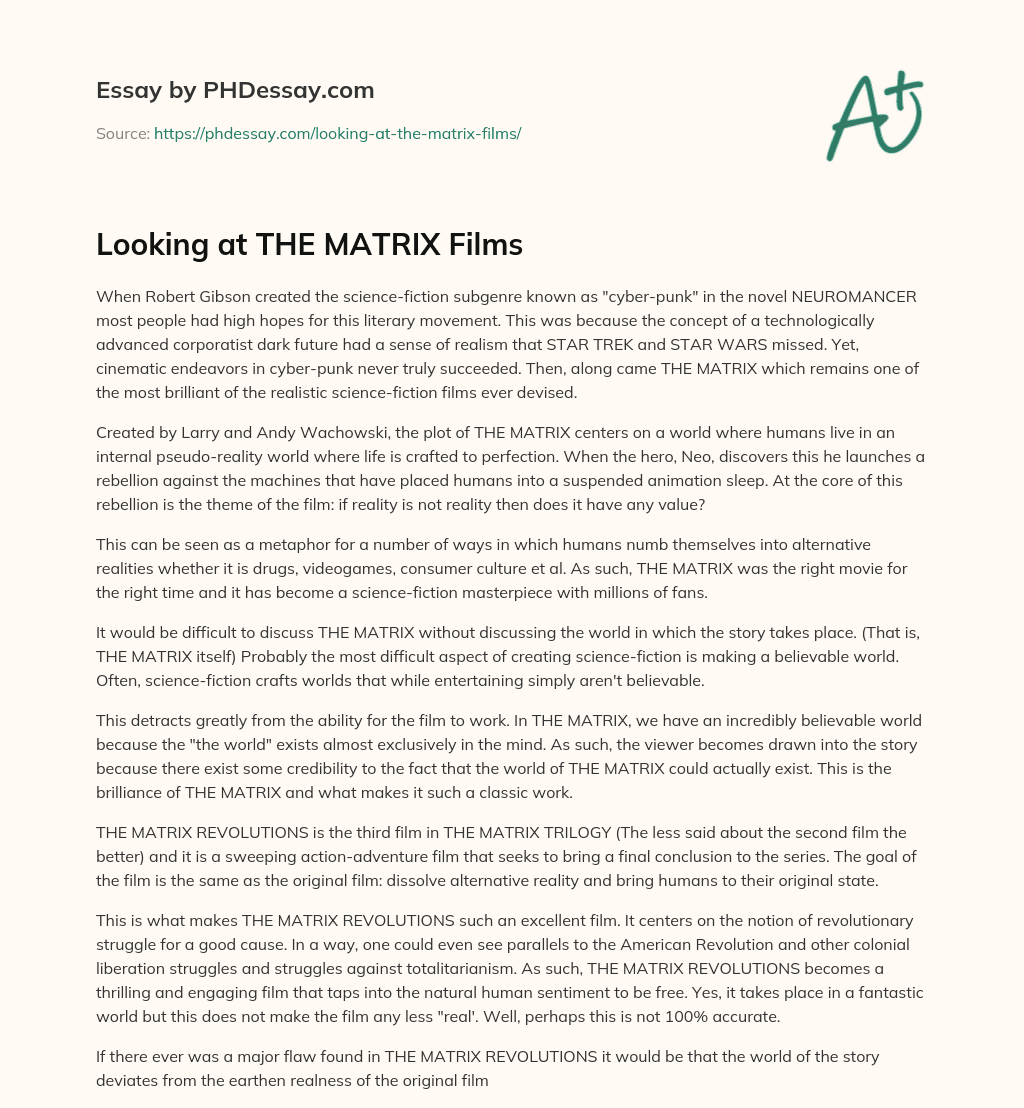 Looking at THE MATRIX Films - PHDessay.com