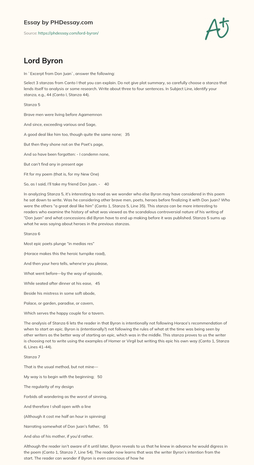 Lord Byron - PHDessay.com