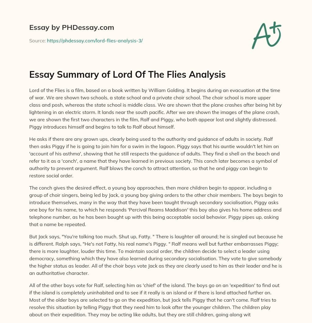 Essay Summary of Lord Of The Flies Analysis - PHDessay.com
