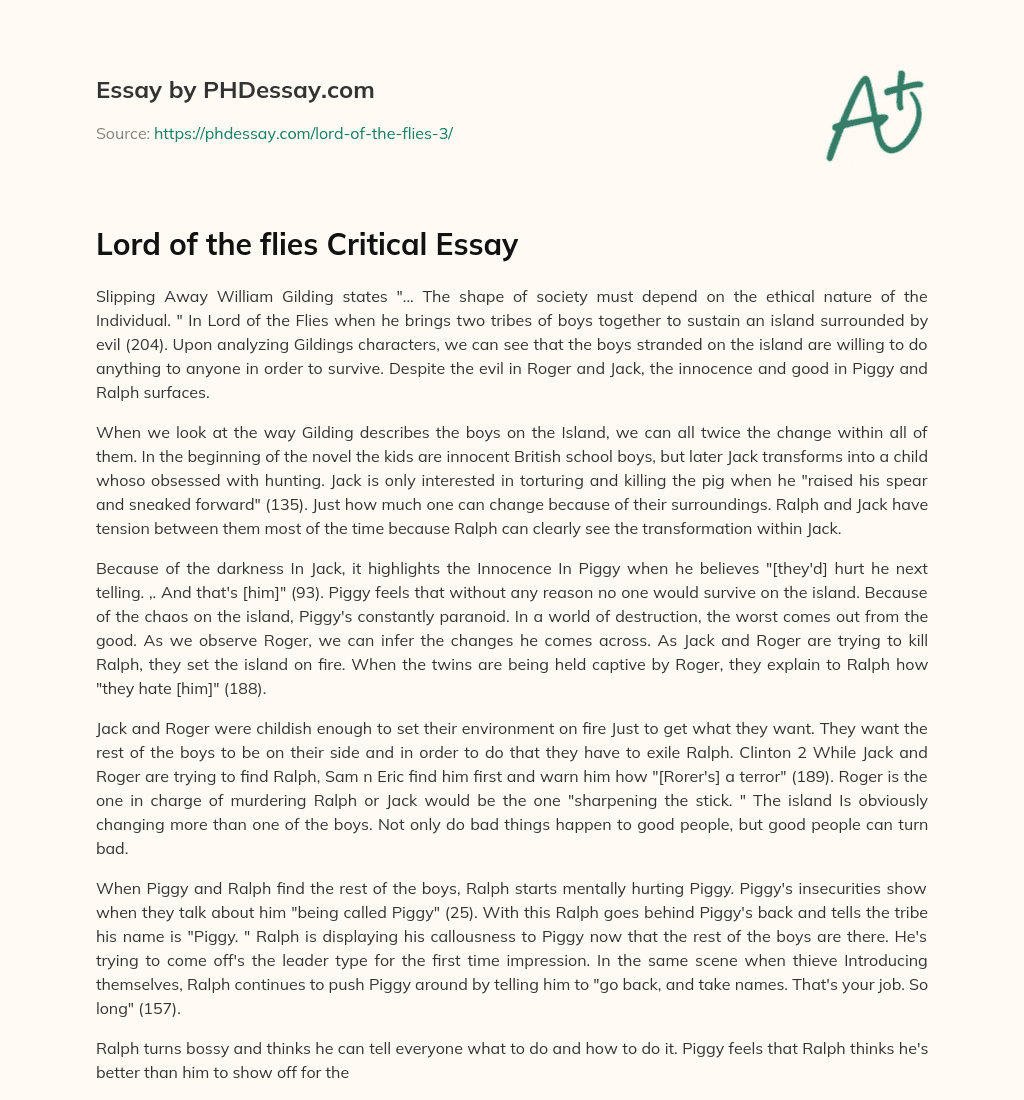 Lord of the flies Critical Essay - PHDessay.com